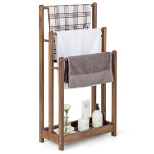 giantex towel rack for bathroom - 3 tier freestanding towel racks with storage shelf, wood hand towel drying stand, blanket holder for living room, laundry room, 18" l x 9" w x 34" h (rustic brown)