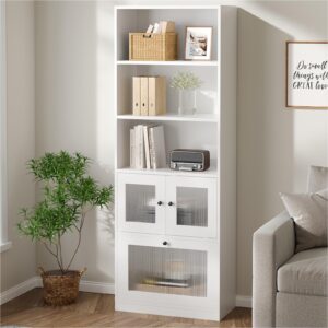 seeday white bookcase,5 shelf bookshelf and bookcase with acrylic cabinet doors,modern bookcase for home, office, and living room