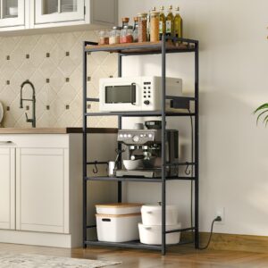 mahancris bakers rack with power outlet, microwave stand with hooks, multifunctional storage rack, coffee bar with enclosure, kitchen storage shelf, for kitchen, dining room, rustic brown brhr40e01n1