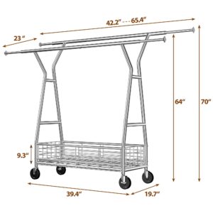 Raybee Clothes Rack Heavy Duty Rolling Clothing Rack with Wheels Load 600LBS Double Rod Clothing Racks for Hanging Clothes Commercial Portable & Adjustable Garment Rack with Metal Basket, Chrome