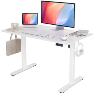 seang electric standing desk with adjustable height, 48x24 inch stand up desk, sit stand desk with splice board for home office computer workstation, white frame/white top