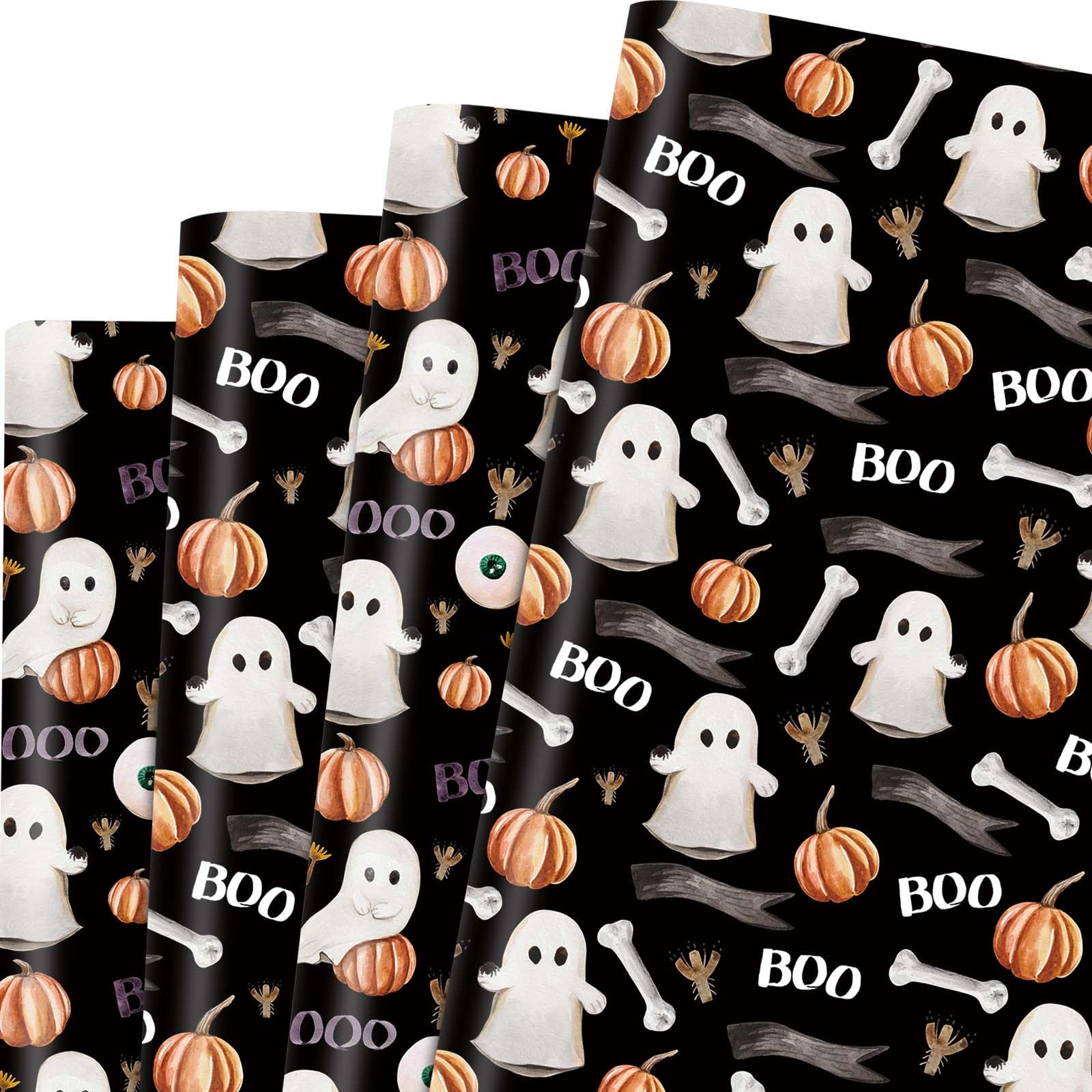 12Sheets Halloween Wrapping Paper Watercolor Ghost Pumpkin Bone Boo Pattern Gift Wrap Paper for Halloween Trick or Treat Party Baby Shower Birthday Party DIY Craft, 19.7 x 27.6 inch