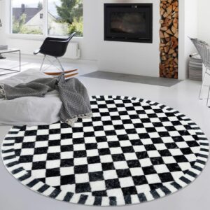 lacomfy checkered rug 5.2ft round modern rug circle buffalo plaid check bedroom carpet nonslip farmhouse floor mat washable checkerboard area rug for living room home decor, black