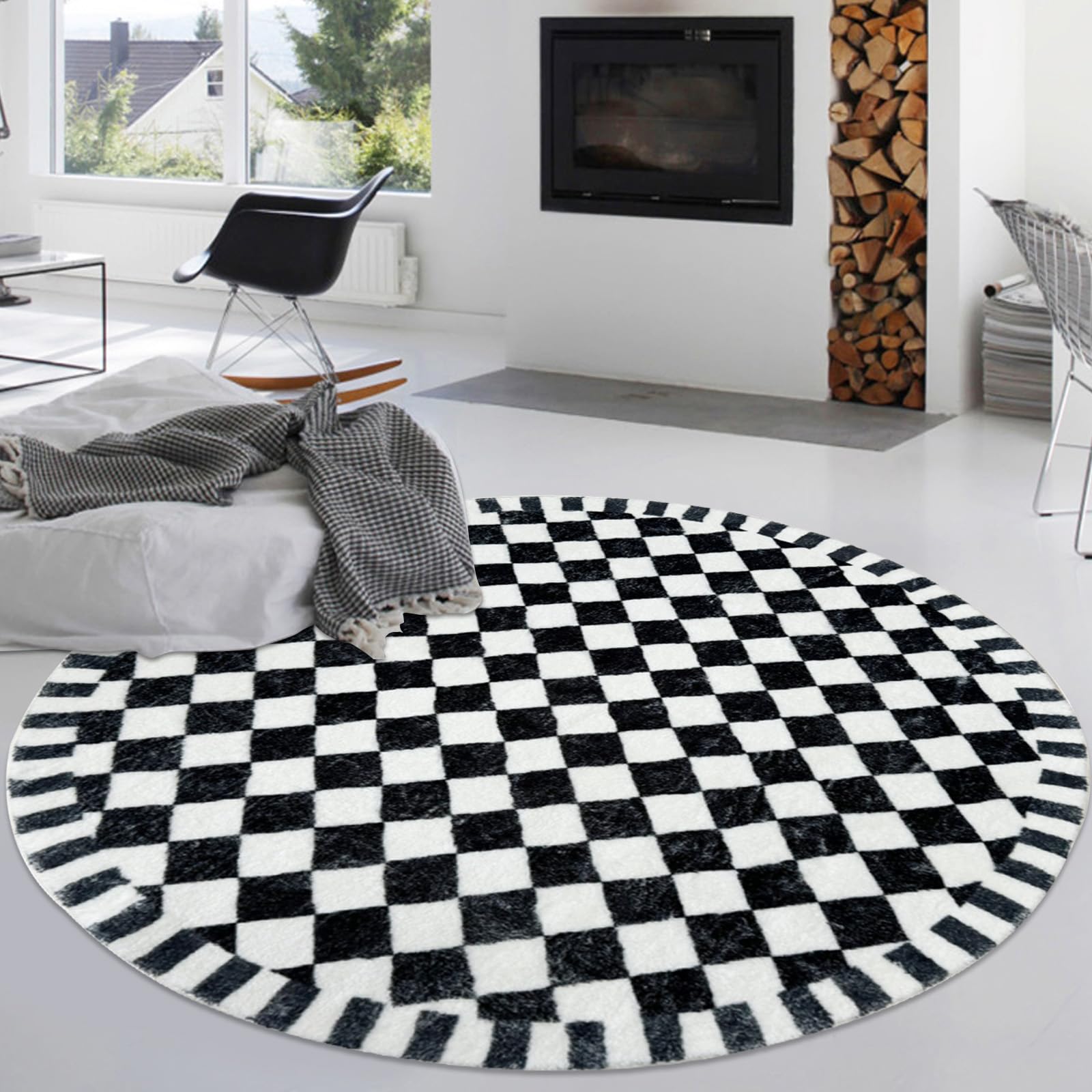 Lacomfy Checkered Rug 5.2Ft Round Modern Rug Circle Buffalo Plaid Check Bedroom Carpet Nonslip Farmhouse Floor Mat Washable Checkerboard Area Rug for Living Room Home Decor, Black