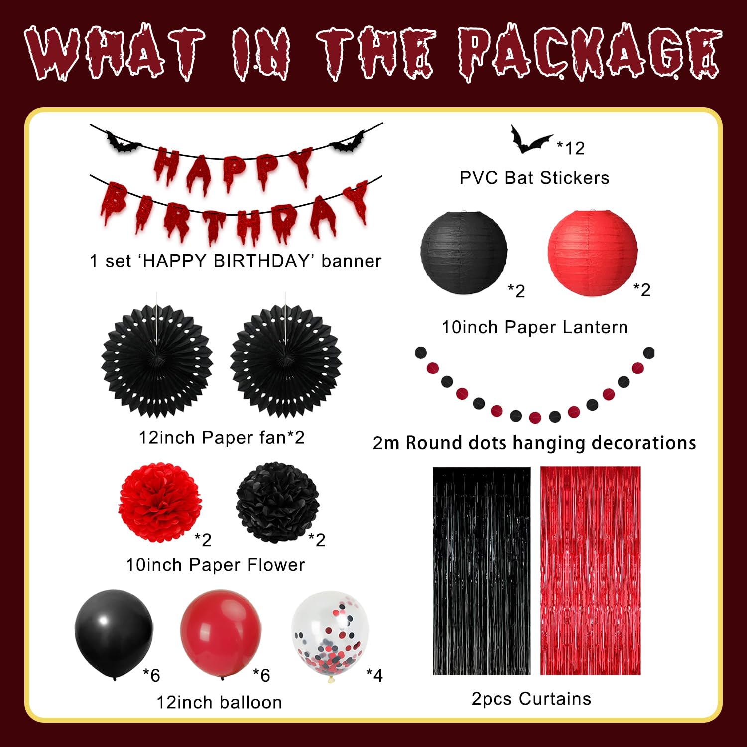 Halloween Birthday Party Decorations - Black Red Halloween Happy Birthday Banner Foil Curtains Backdrop 3D Bat Sticker Paper Pompoms Latex and Confetti Balloons for Halloween Birthday Party Supplies