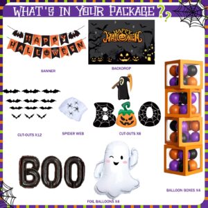 Fiesec Halloween Party Decorations, Happy Boo Day Party Decorations, Happy Halloween Outdoor Indoor Yard Home Room Decor, Backdrop Banner Balloon Spider Web Boxes Cutout Bat Ghost