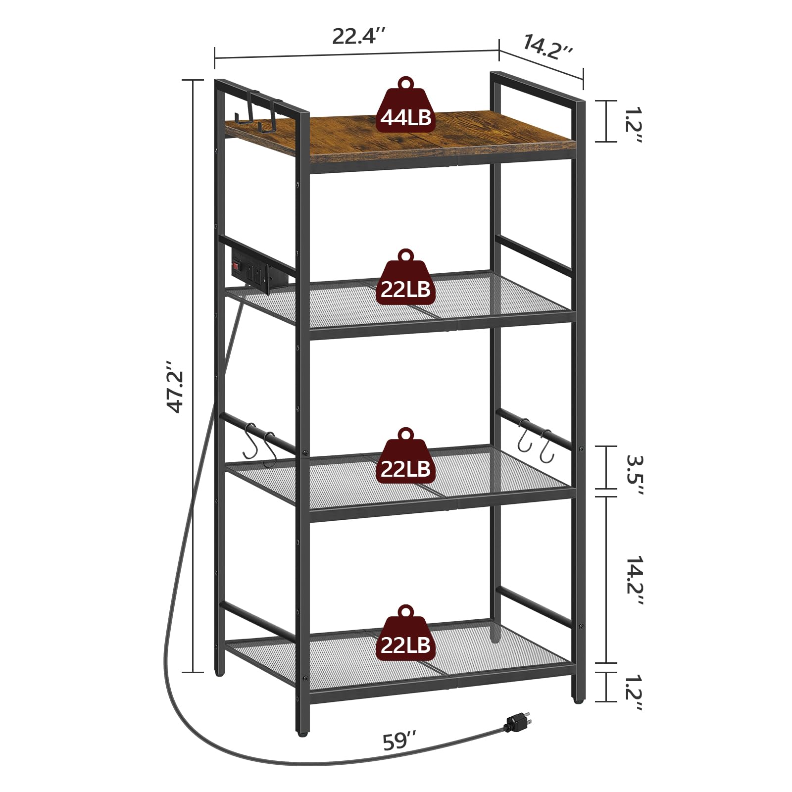 MAHANCRIS Bakers Rack with Power Outlet, Microwave Stand with Hooks, Multifunctional Storage Rack, Coffee Bar with Enclosure, Kitchen Storage Shelf, for Kitchen, Dining Room, Rustic Brown BRHR40E01N1