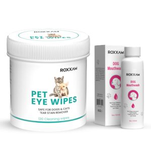 roxxam pet eye wipes | soft & gentle tear stain remover for dogs wipes | convenient & easy to use dog mouthwash: advanced dental care water additive for dogs | keep dog breath fresh and teet