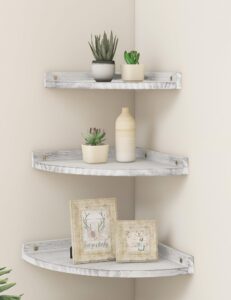 godimerhea corner shelves wall mount, rustic natural wood corner floating shelf, distressed white storage organizer corner wall shelves for living room kitchen bedroom bathroom laundry, 9.68x9.68 inch