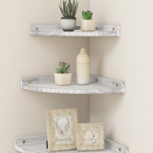 Godimerhea Corner Shelves Wall Mount, Rustic Natural Wood Corner Floating Shelf, Distressed White Storage Organizer Corner Wall Shelves for Living Room Kitchen Bedroom Bathroom Laundry, 9.68x9.68 Inch