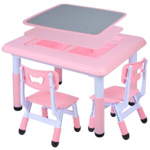 domaker table and chair set, multi activity height adjustable table with 2 chairs,pink