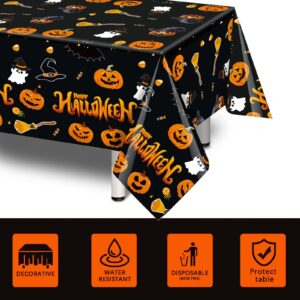 3 Pack Halloween Tablecloth Rectangle 54" x 108" Plastic Table Cloth Disposable Black Camping Table Cover Decorations Cute Pumpkin Ghost Scary Spooky Indoor Outdoor Waterproof Birthday Party Supplies