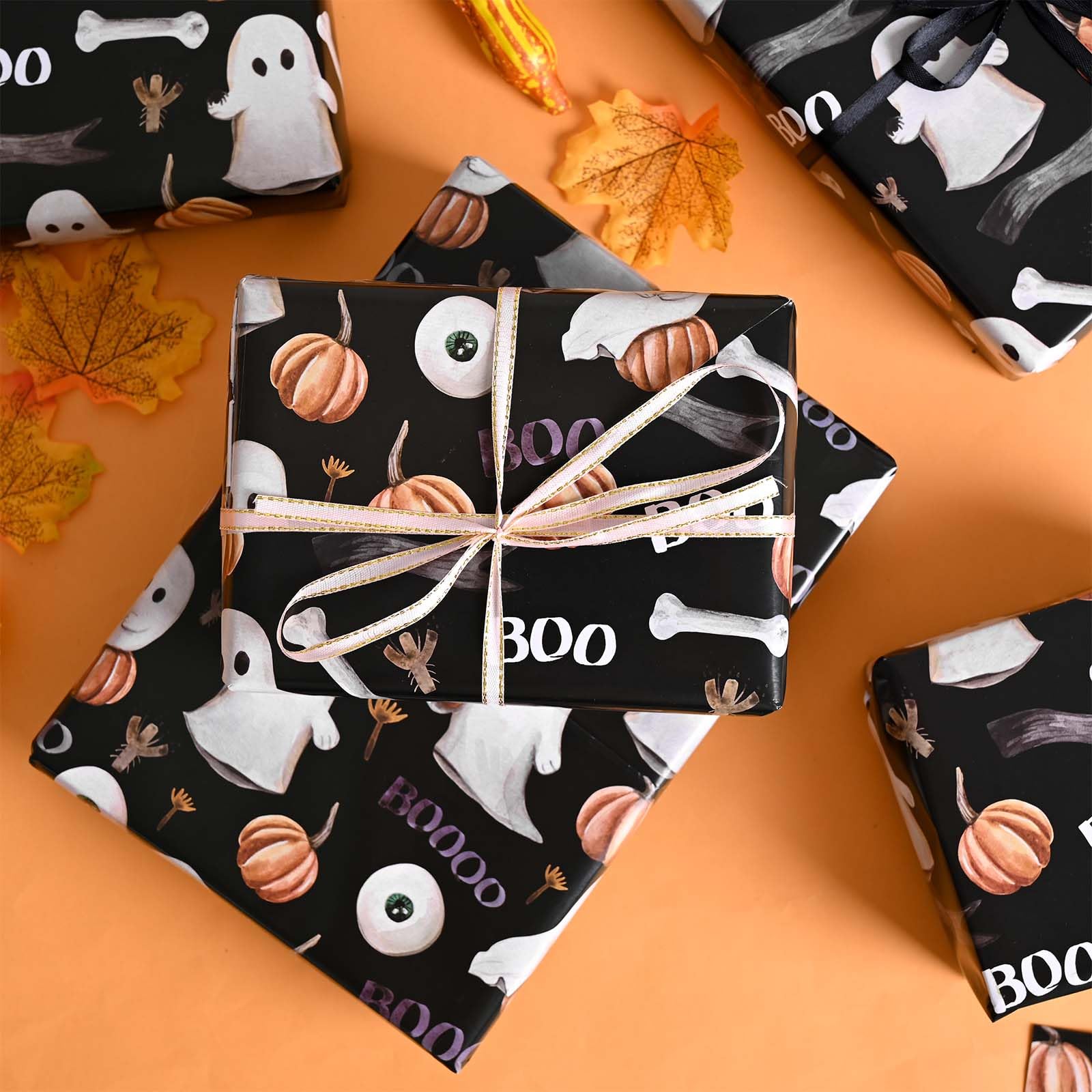 12Sheets Halloween Wrapping Paper Watercolor Ghost Pumpkin Bone Boo Pattern Gift Wrap Paper for Halloween Trick or Treat Party Baby Shower Birthday Party DIY Craft, 19.7 x 27.6 inch