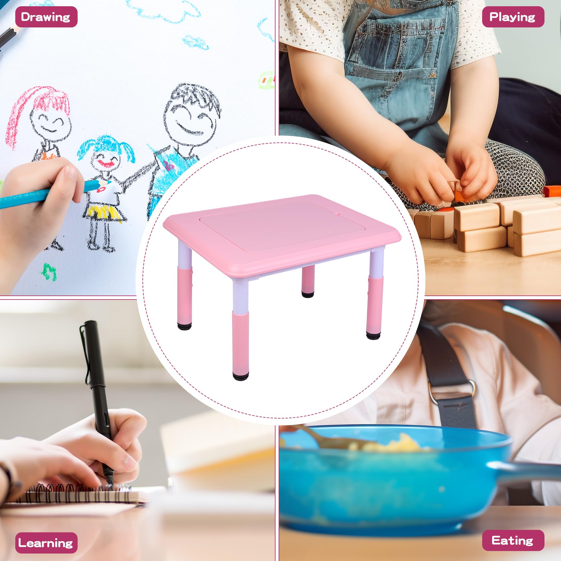 Domaker Table and Chair Set, Multi Activity Height Adjustable Table with 2 Chairs,Pink