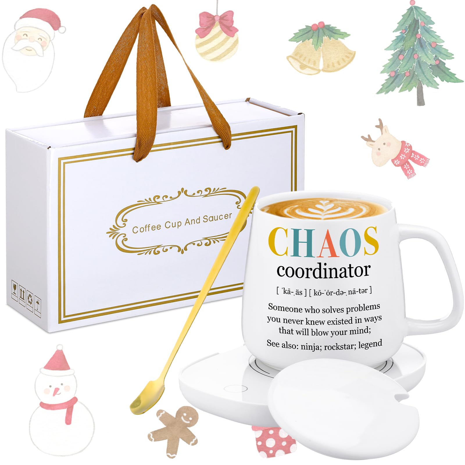 Sieral Chaos Coordinator Gifts Coffee Mug Warmer Set for Christmas Cup Warmer for Desk Office Home with Spoon Appreciation Gifts Thank You Gifts for Coworker Volunteer Teacher Nurse Christmas Gift