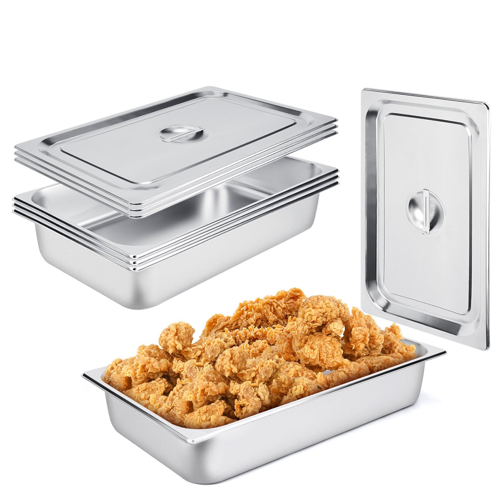 4 Pack Hotel Pans, 1/1 Full Size 4’ Deep Steam Table Pan with Lid, 21" L x 13" W Commercial Stainless Steel Pan Food Containers, Catering Supplies Buffet Display