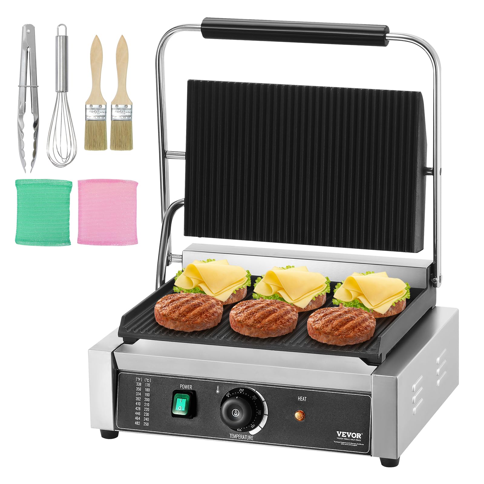 VEVOR Commercial Panini Grill, 1800W Electric Sandwich Panini Maker, Stainless Steel Sandwich Press, Panini Grill with Temp Control & 14"x9" Full Grooved Enamel Plate, for Hamburger Steak Bacon