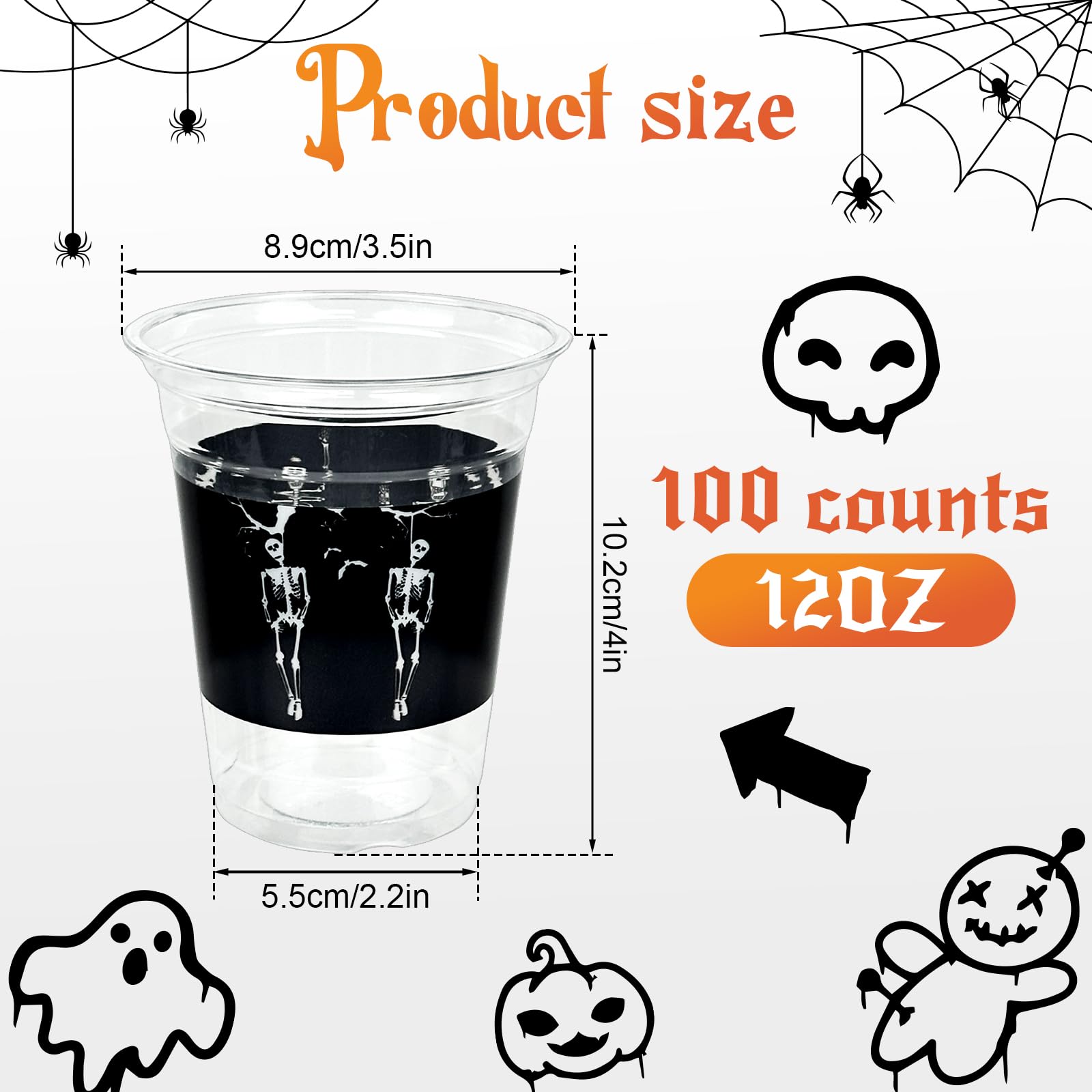 100pcs12 oz Halloween Party Cups, Clear Disposable Halloween Plastic Cups, Printed Party Cups for Halloween Party Decorations & Party Supplies, Drinkware Beer Beverage Ice Cream Snacks Plastic Cups