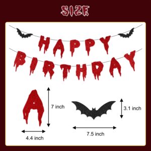 Halloween Birthday Party Decorations - Black Red Halloween Happy Birthday Banner Foil Curtains Backdrop 3D Bat Sticker Paper Pompoms Latex and Confetti Balloons for Halloween Birthday Party Supplies