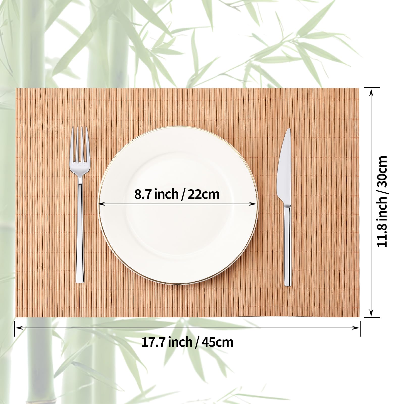 RUNTIVAN Bamboo Placemats Set of 8 Pcs - 17.7"X11.8" Sushi Rolling Mat Japanese Style Natural Anti-Slip, Washable Heat-Resistant Table Mats for Dining Room and Kitchen