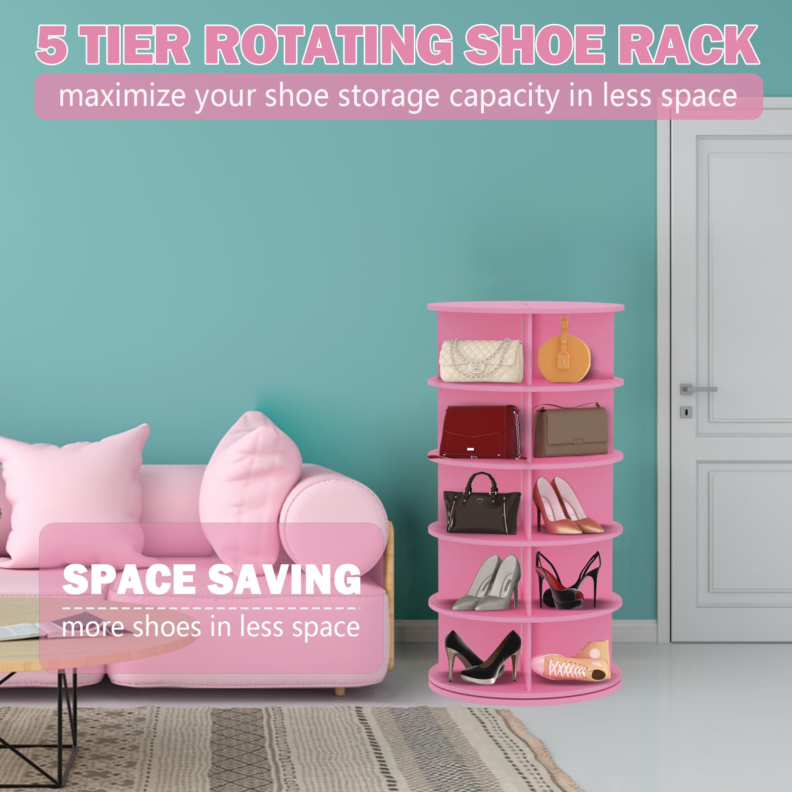 DOLEMODUO 5 Tier Rotating Shoe Rack Storage Tower, 360° Revolving Pink Spinning Shoes Display Rack Round Carousel for Entryway Hallway