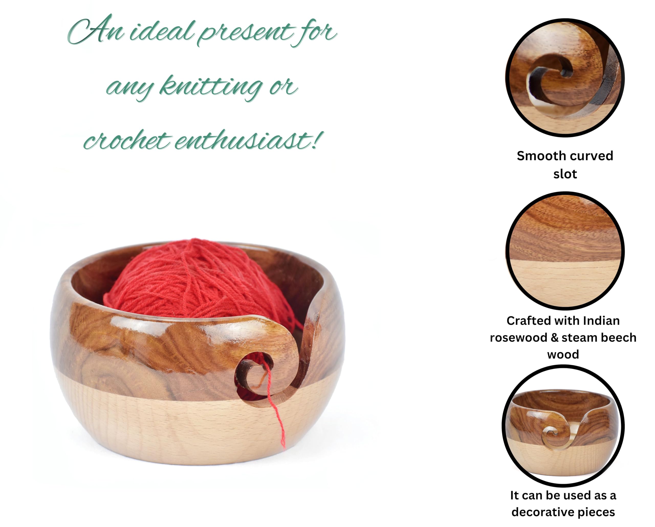 CRAFT INDIA Large Wooden Yarn Bowl | Handmade Knitting Wool Storage Bowl | Yarn Holder Dispenser with Holes to Prevent Slipping and Tangles for Knitting & Crocheting (Brown & Offwhite)