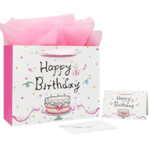 oletx 13" large happy birthday pink paper bags,pink gift party favor bags with tissue paper birthday card for girls women' party,baby shower