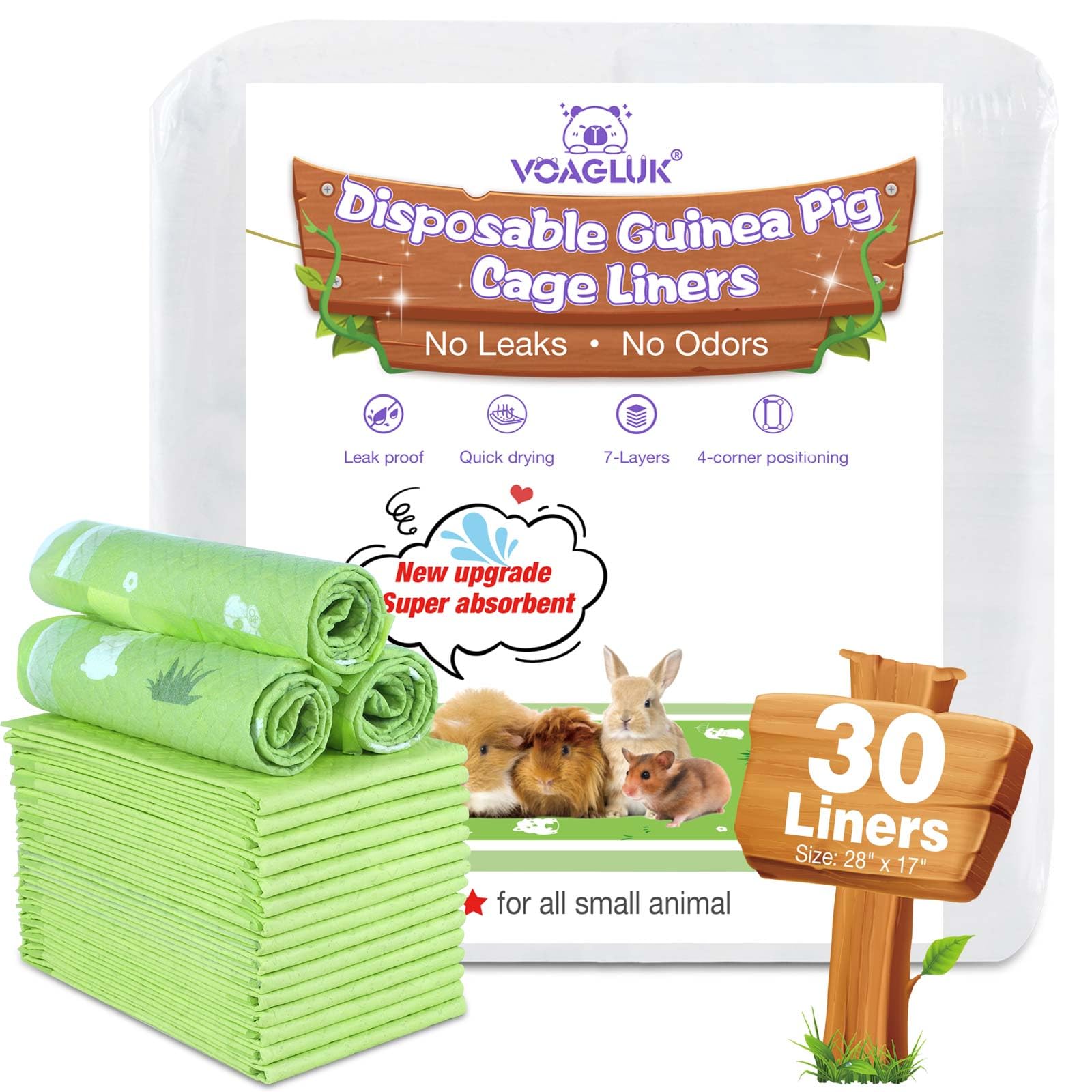 Guinea Pig Cage Liner 30 Count Disposable Super Absorbent Pee Pads Enhanced Odor Control Pet Cage Liners for Ferrets, Rabbits, Hamsters, and Other Small Animal, 28" x 17" Fits Any Size C&C Cage