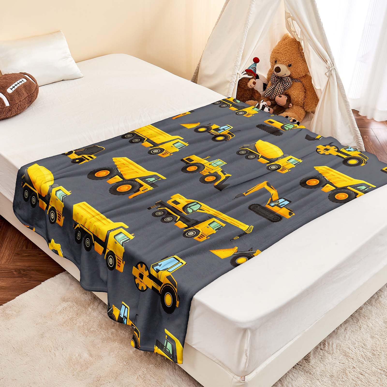 Wajade Kids Construction Truck Blanket for Boys Soft Fleece Kids Blanket for Couch Sofa Bedroom 3D Vehicles Excavator Cars Throw Blanket for Kids 50"x60"