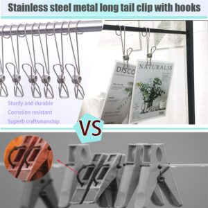 24Pcs Stainless Steel Metal Long Tail Clip with Hooks，Clips for Hanging- Ideal for Closet, Kitchen, Bathroom - Hang Photos, Cards, Stockings - Rust-304 Stainless Steel Clothes Pins