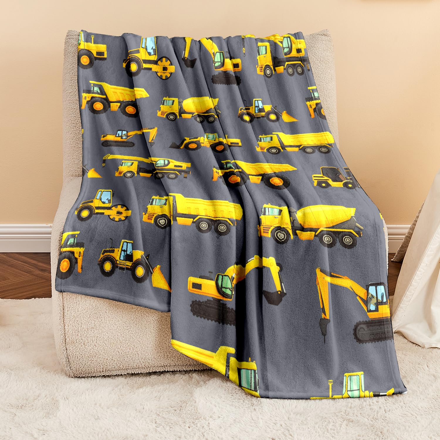 Wajade Kids Construction Truck Blanket for Boys Soft Fleece Kids Blanket for Couch Sofa Bedroom 3D Vehicles Excavator Cars Throw Blanket for Kids 50"x60"