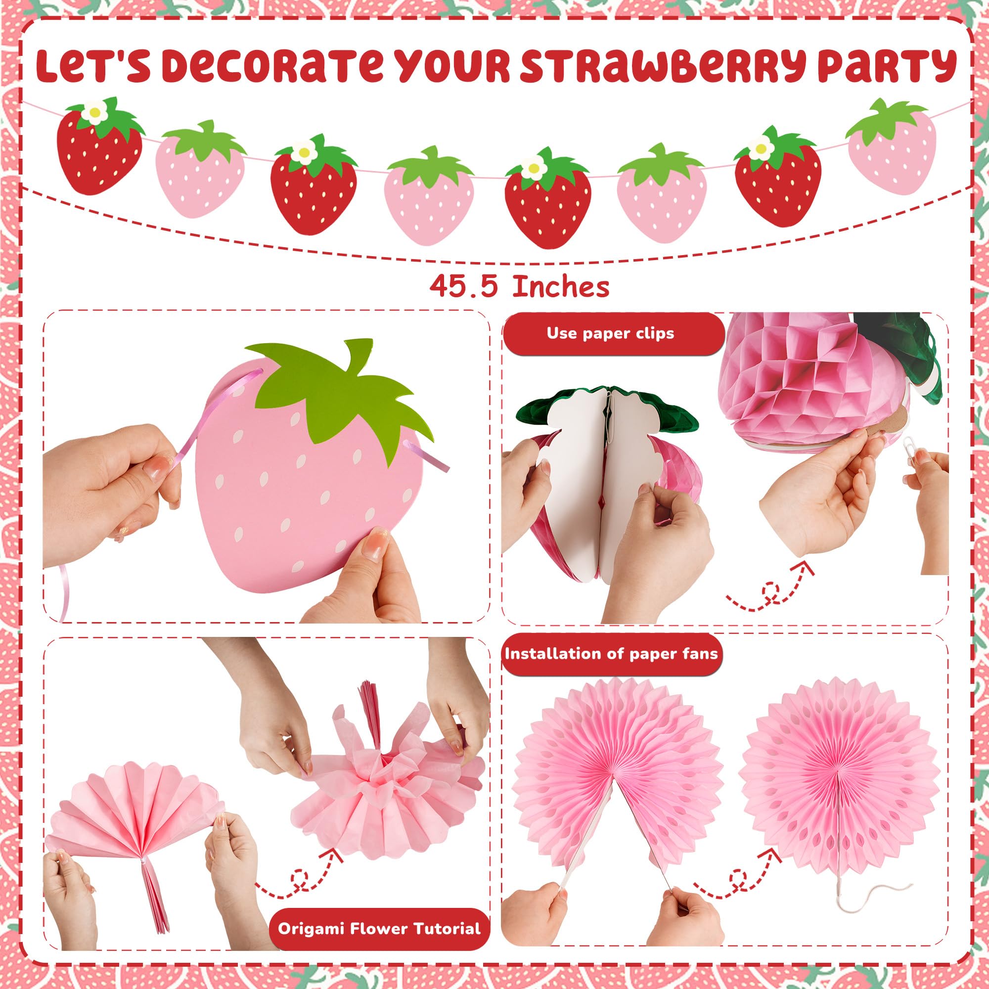 Kriyokiaa Strawberry Party Decorations 17 Pcs Berry First Birthday Decor with Tissue Pom Poms, Fans, Honeycomb, Lanterns, Garland, Perfect for Baby Shower Decorations, Berry 1st Birthday