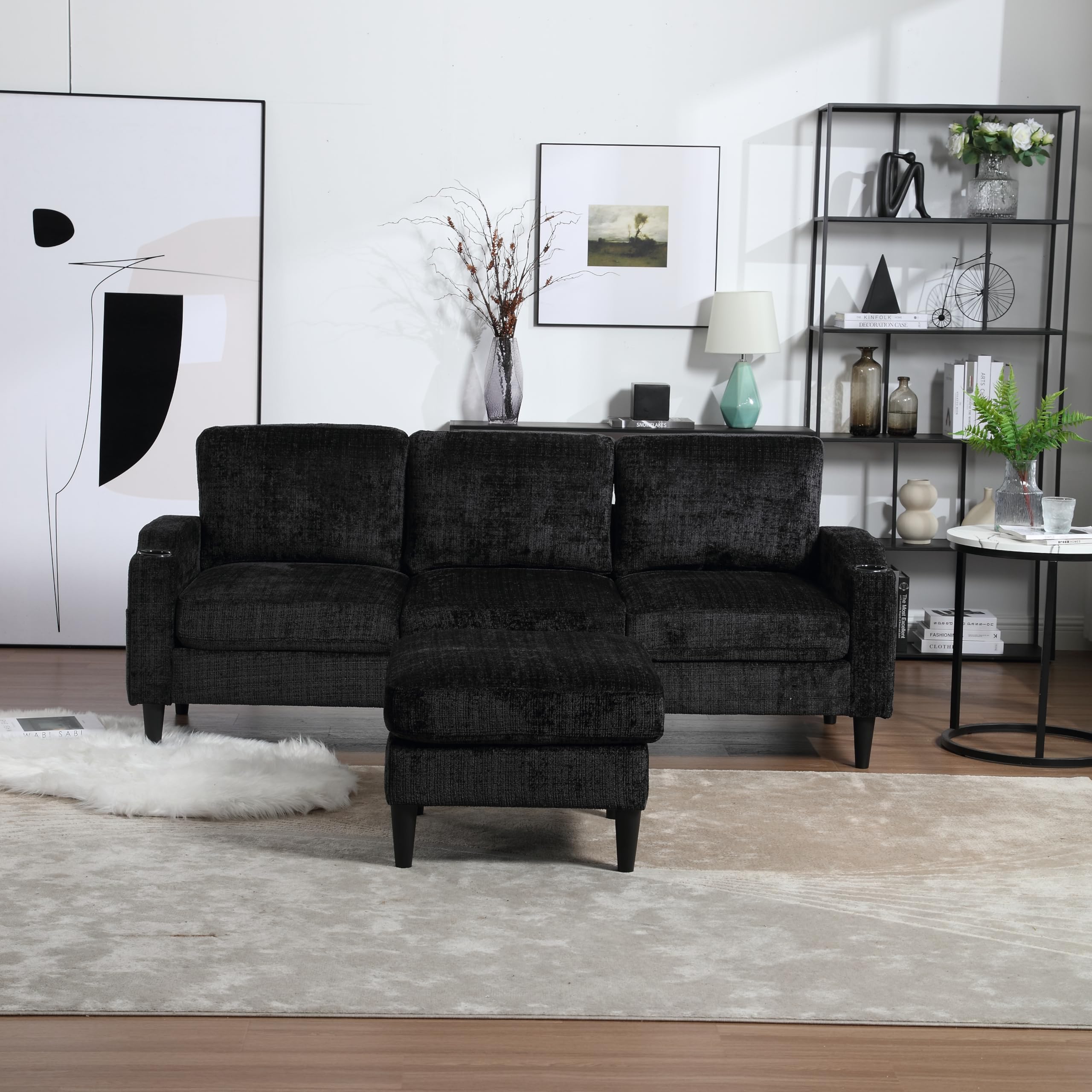 Modern Chenille Polyester Sectional Sofa with Storage Ottoman, L Shaped Couch for Living Room, Apartment, Size 77.36" x 44.49" x 30.31"