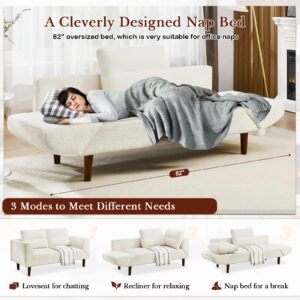 Antetek Loveseat Sofa with Adjustable Armrests, 64” Modern Futon Sleeper Sofa Bed w/Wooden Leg, Textured Boucle Comfy Love Seat Couches for Small Space, Livingroom, Apartment, Beige