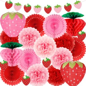 kriyokiaa strawberry party decorations 17 pcs berry first birthday decor with tissue pom poms, fans, honeycomb, lanterns, garland, perfect for baby shower decorations, berry 1st birthday