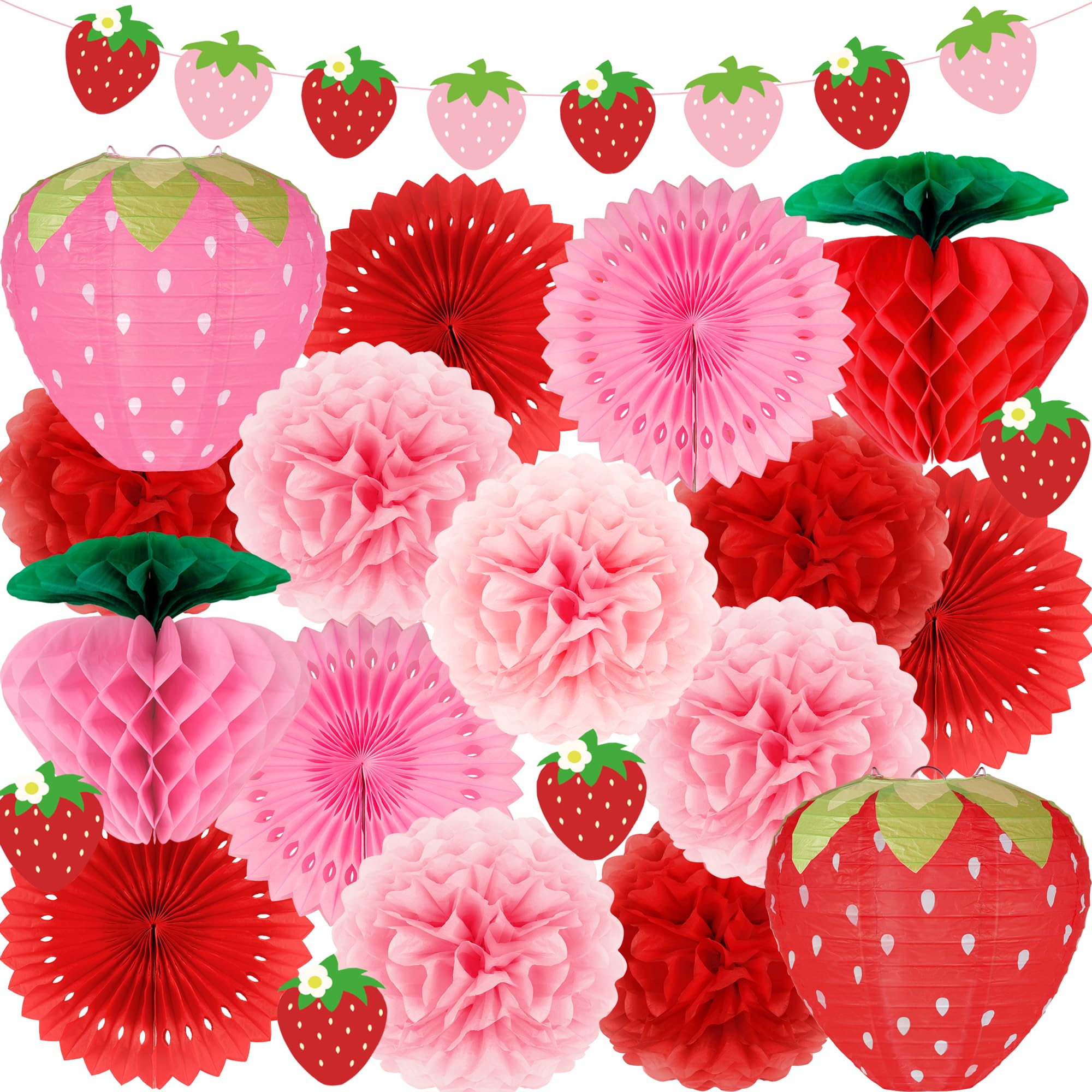 Kriyokiaa Strawberry Party Decorations 17 Pcs Berry First Birthday Decor with Tissue Pom Poms, Fans, Honeycomb, Lanterns, Garland, Perfect for Baby Shower Decorations, Berry 1st Birthday