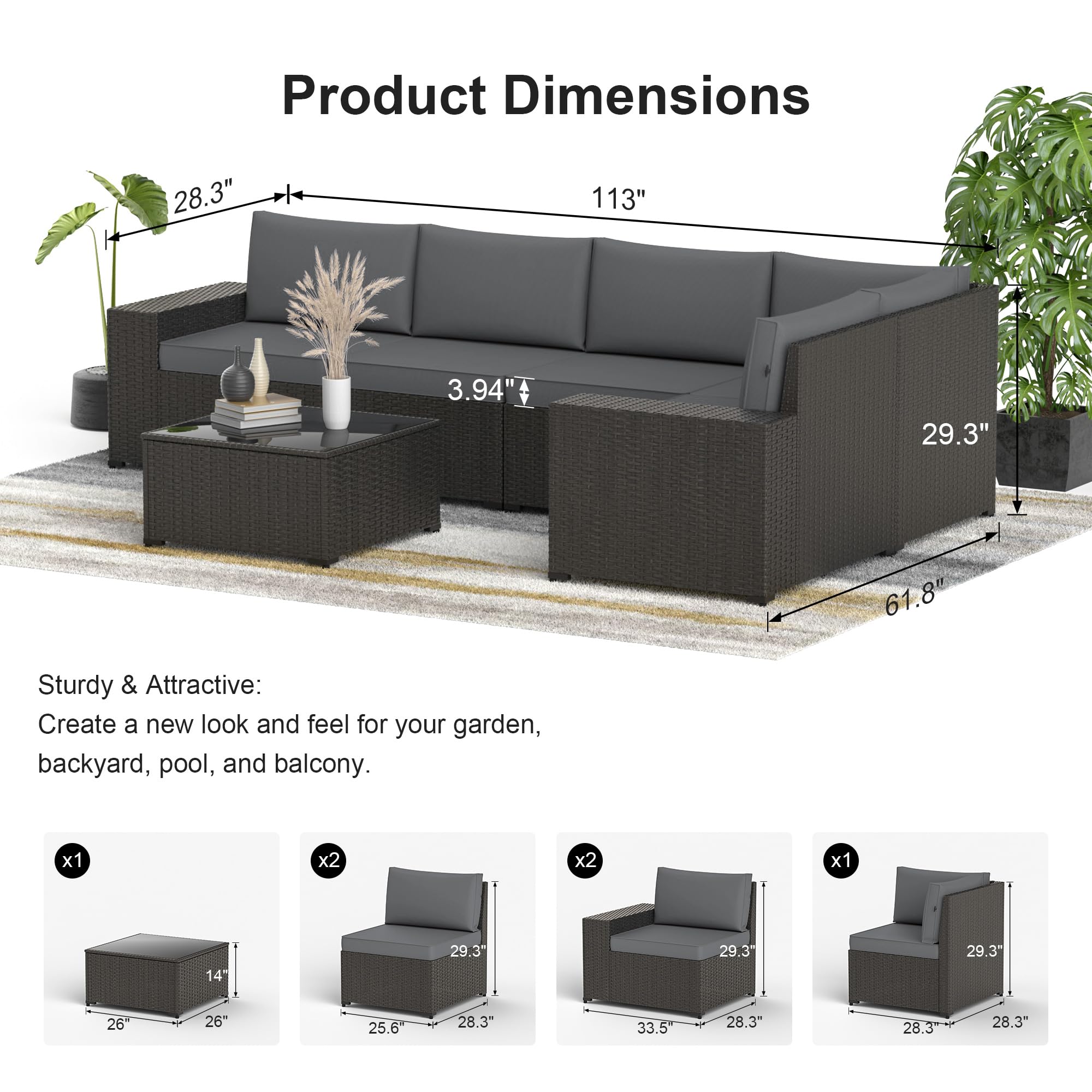 GOJOOASIS 6 Pieces Patio Furniture Set Outdoor Wicker Sectional Conversation Sofa All-Weather Rattan Couch Patio Seating with Cushion and Glass Table for Porch, Poolside, Backyard, Balcony (Gray)