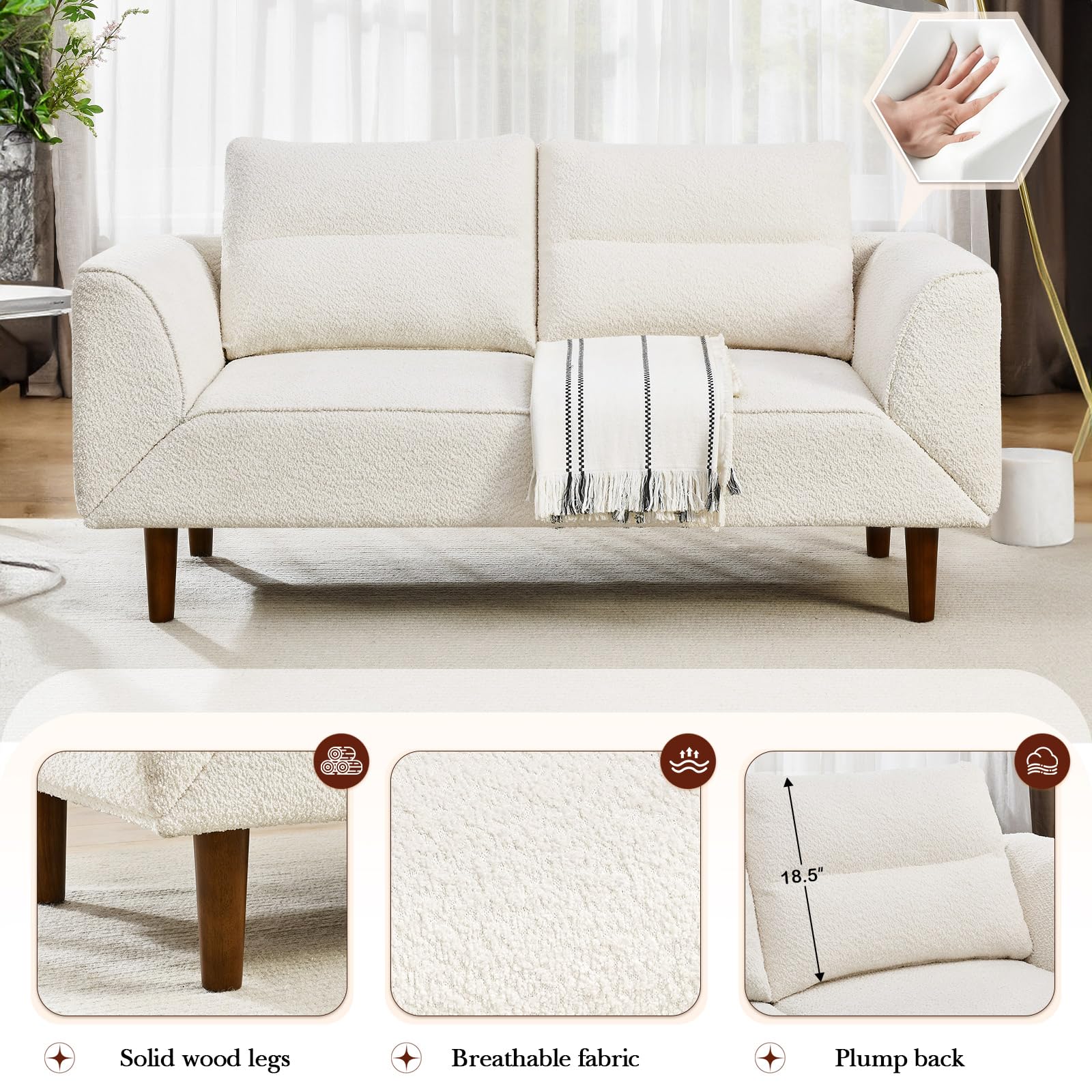 Antetek Loveseat Sofa with Adjustable Armrests, 64” Modern Futon Sleeper Sofa Bed w/Wooden Leg, Textured Boucle Comfy Love Seat Couches for Small Space, Livingroom, Apartment, Beige