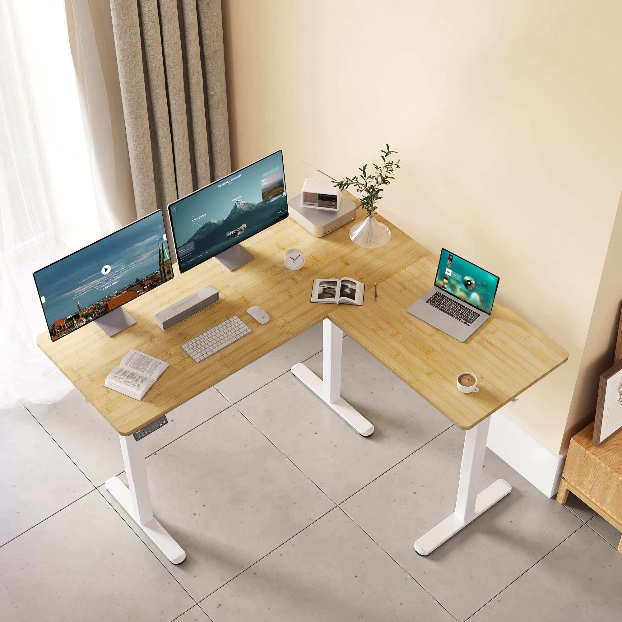 Claiks L Shaped Standing Desk Adjustable Height, Dual Motor Electric Corner Standing Desk, 63x55 inch Sit Stand up Desk with Splice Board, Bamboo