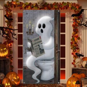 panelee halloween ghost door cover decorations halloween restroom door banner funny ghost reading on toliet front door porch trick or treat photo backdrop decor for halloween party supplies, 71 x 35''