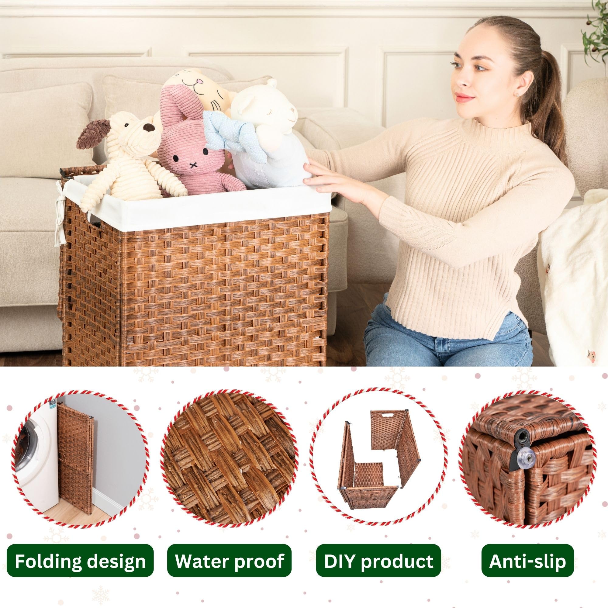 BKSFOAA Laundry Basket with lid, (26.4-Gallon)100L Wicker Laundry Hamper Foldable 2 Removable Liner Bags, Handwoven Rattan Laundry Baskets with Handles, ISO 9001:2015 - Factory Certified, Brown