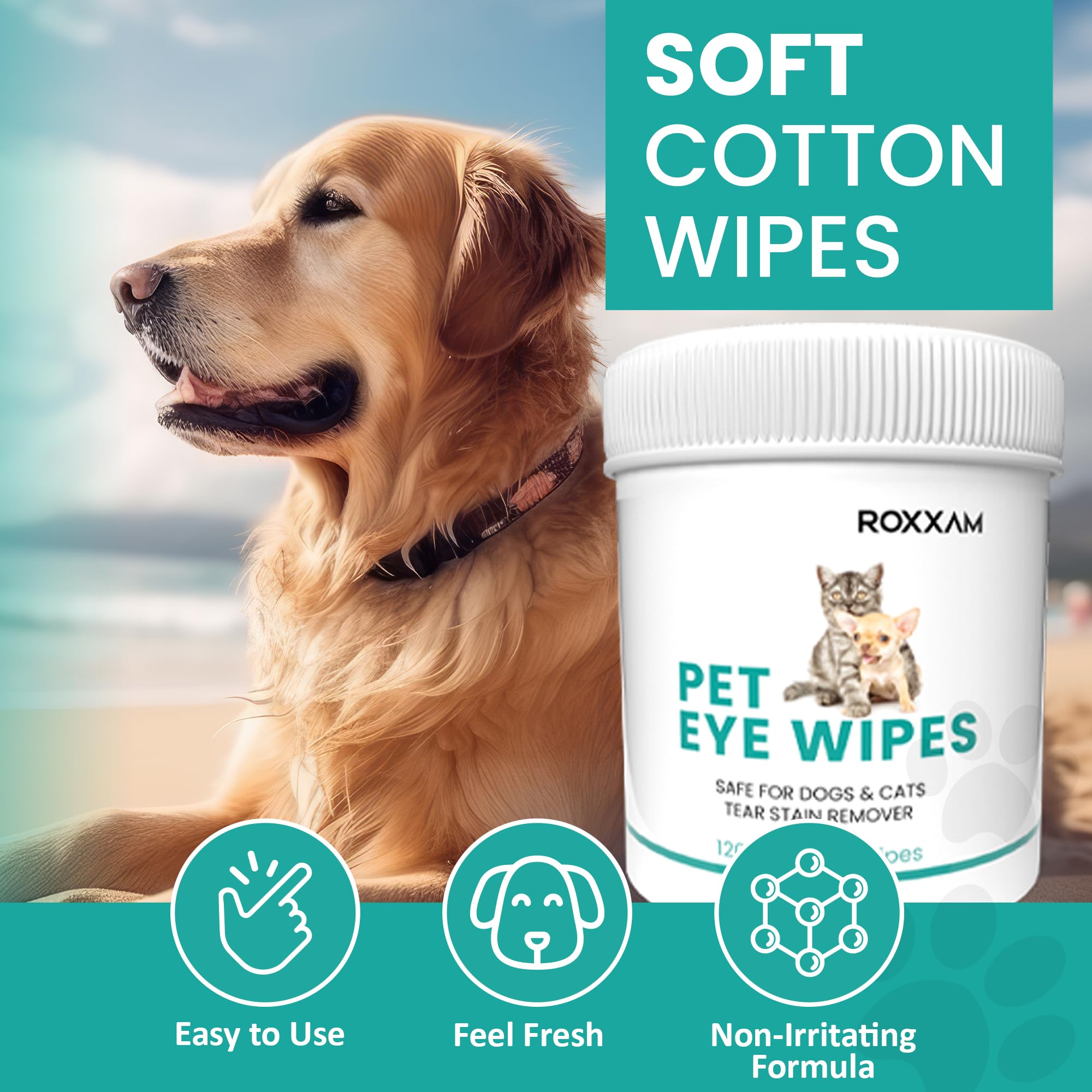 ROXXAM Pet Eye Wipes | Soft & Gentle Tear Stain Remover for Dogs Wipes | Convenient & Easy to Use Dog Mouthwash: Advanced Dental Care Water Additive for Dogs | Keep Dog Breath Fresh and Teet