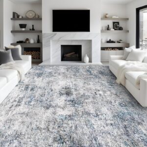 puino abstract 9x12 washable rug: modern ultra non slip area rug soft carpet foldable distressed stain resistant neutral rugs for living room bedroom decor large indoor farmhouse rug 9'x12' blue gray