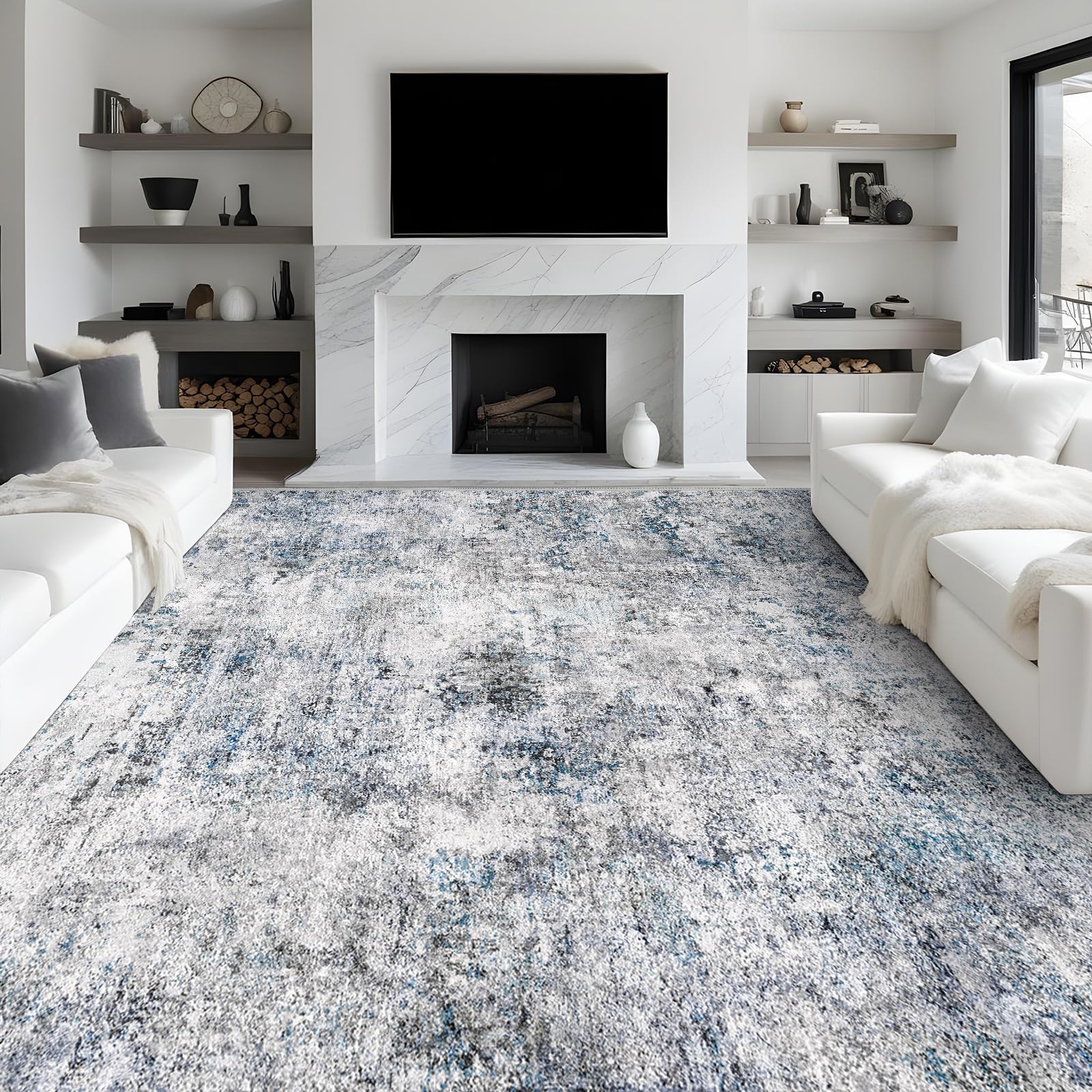 Puino Abstract 9x12 Washable Rug: Modern Ultra Non Slip Area Rug Soft Carpet Foldable Distressed Stain Resistant Neutral Rugs for Living Room Bedroom Decor Large Indoor Farmhouse Rug 9'x12' Blue Gray