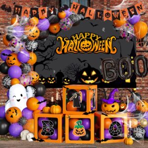 fiesec halloween party decorations, happy boo day party decorations, happy halloween outdoor indoor yard home room decor, backdrop banner balloon spider web boxes cutout bat ghost