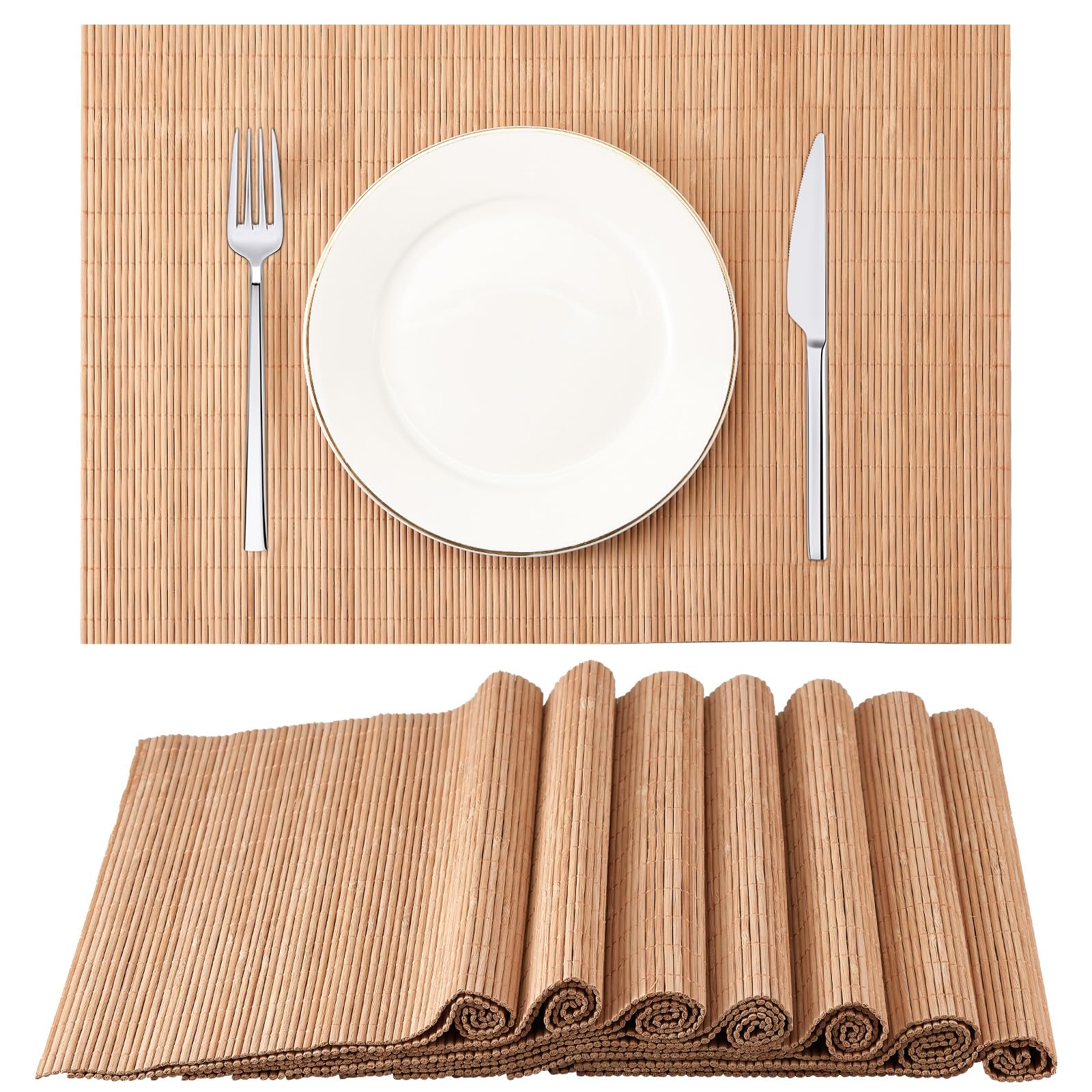 RUNTIVAN Bamboo Placemats Set of 8 Pcs - 17.7"X11.8" Sushi Rolling Mat Japanese Style Natural Anti-Slip, Washable Heat-Resistant Table Mats for Dining Room and Kitchen