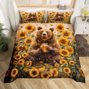 feelyou bear bedding set for girls boys kids king size sunflower comforter cover set room decorative butterfly duvet cover brown bedspread cover bedclothes,no comforter