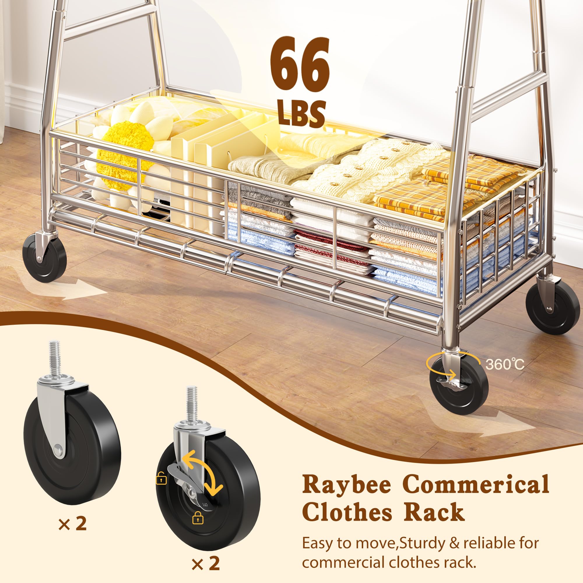 Raybee Clothes Rack Heavy Duty Rolling Clothing Rack with Wheels Load 600LBS Double Rod Clothing Racks for Hanging Clothes Commercial Portable & Adjustable Garment Rack with Metal Basket, Chrome