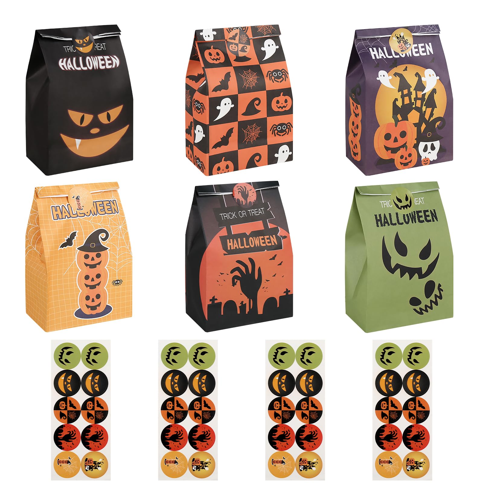 Beego Halloween Treat Bags Party-Favors - 36 PCS Kids Halloween Candy Bags for Trick or Treating Paper Gift Bags for Treats Snacks Halloween Goodie Bags with Stickers Party Supplies