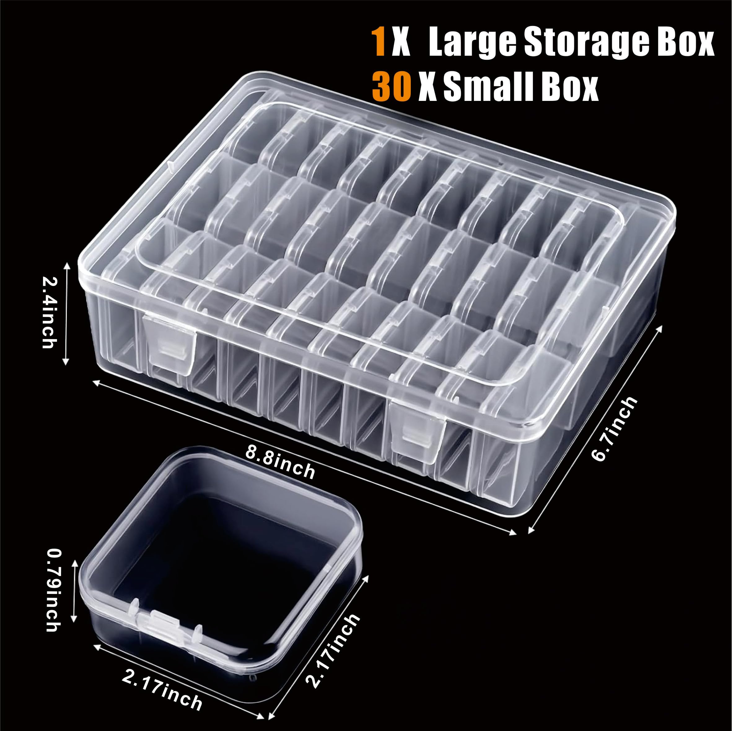 LZLMQSSA Bead Organizer Box, 30Pcs Small Clear Plastic Storage Containers, 1 Large Craft Organizer Box, Mini Parts Storage Solution for Beading Jewelry Making Diamond Arts Screws Seeds